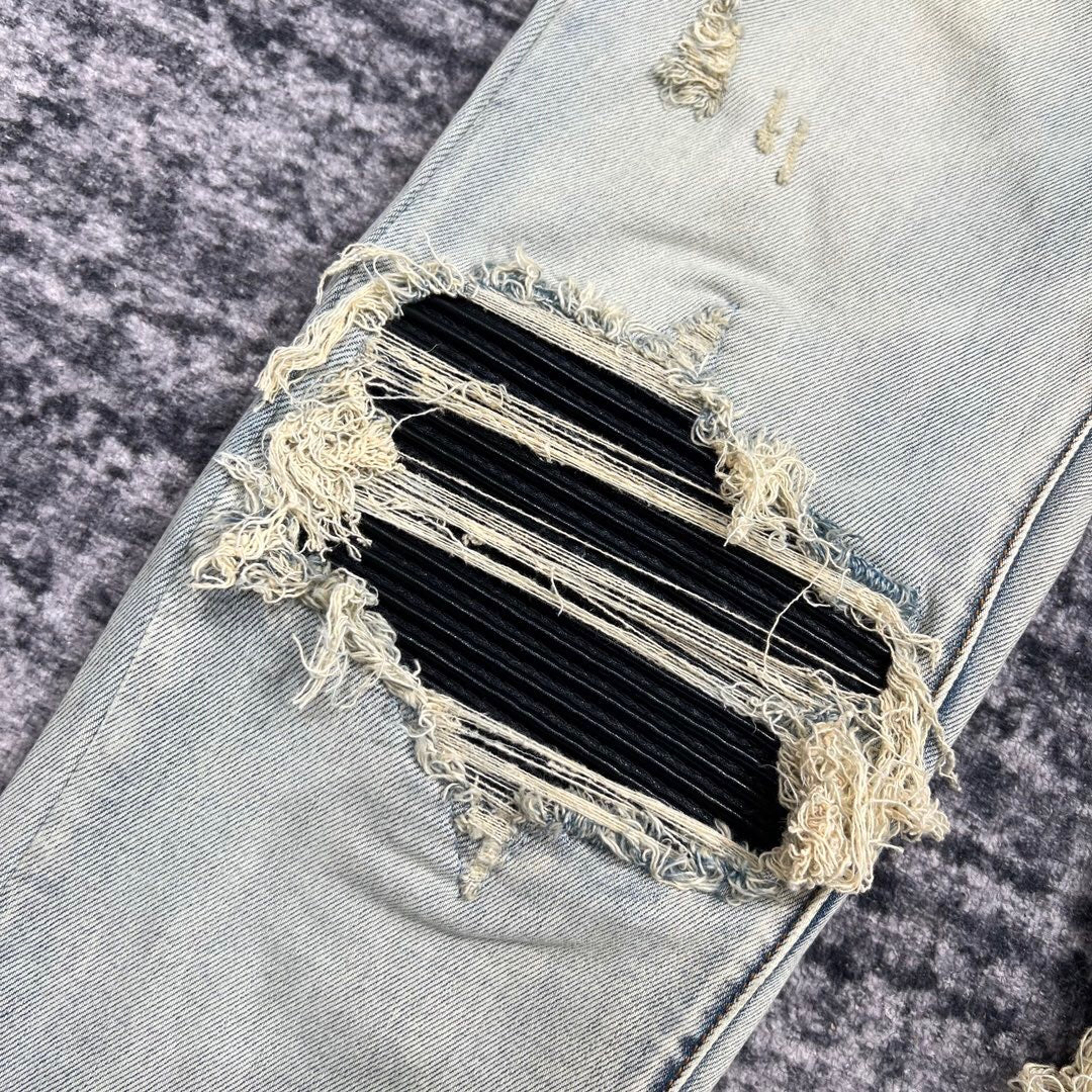 Light denim black leather bleach string – Ready2shipnyc